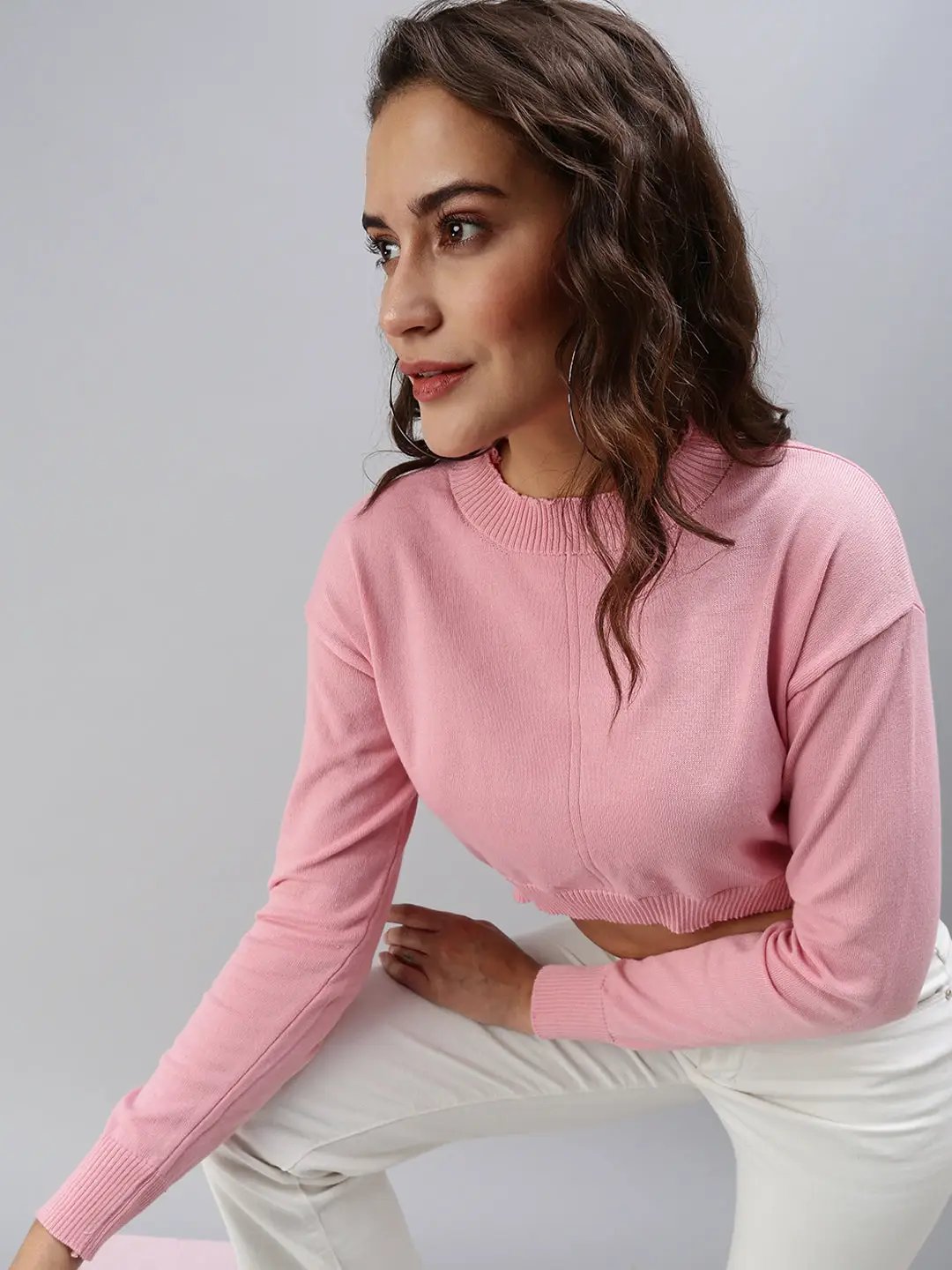 SHOWOFF Women Pink Solid High Neck Full Sleeves Crop Top