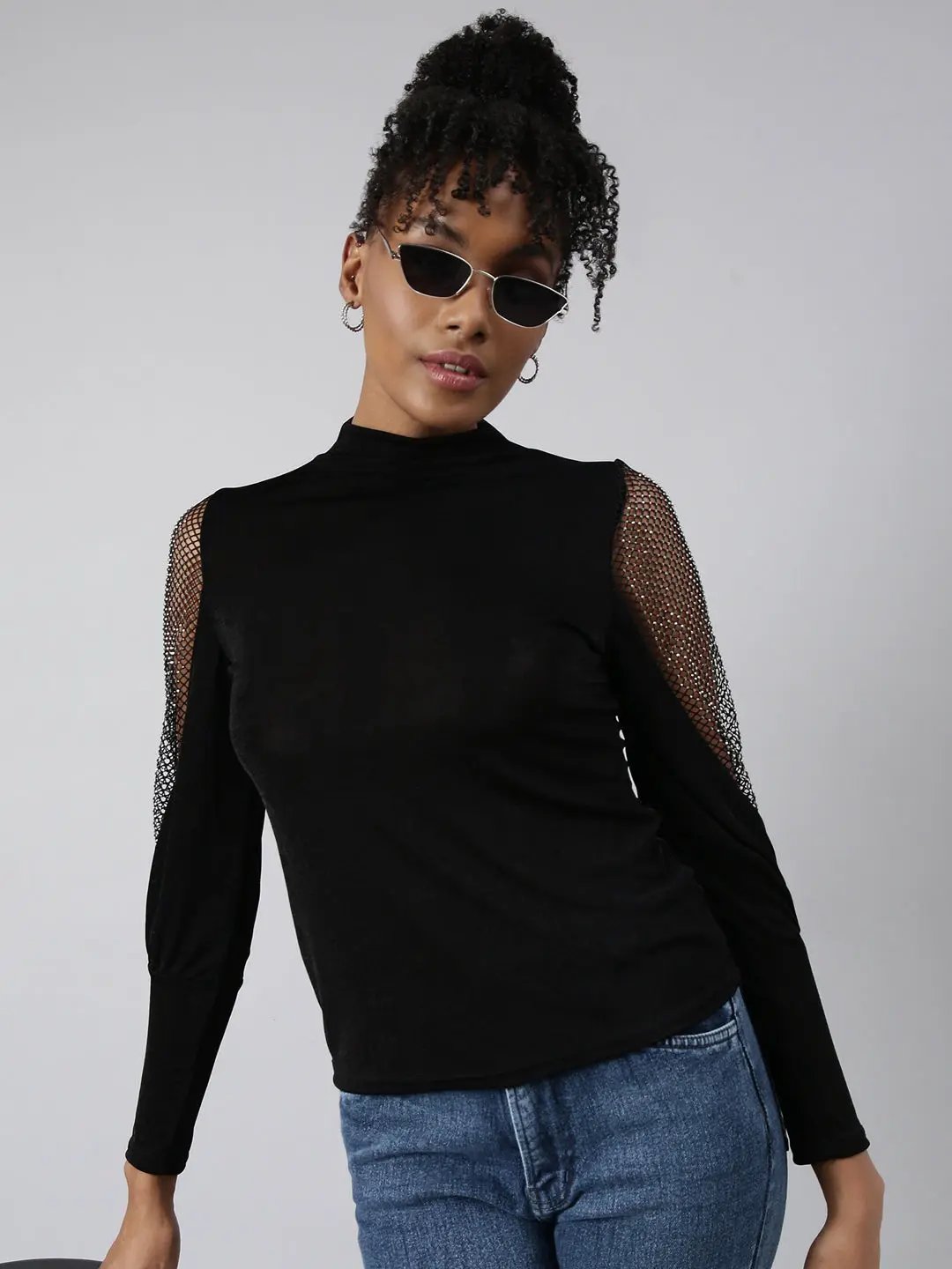Women Black High Neck Studded Fitted Top