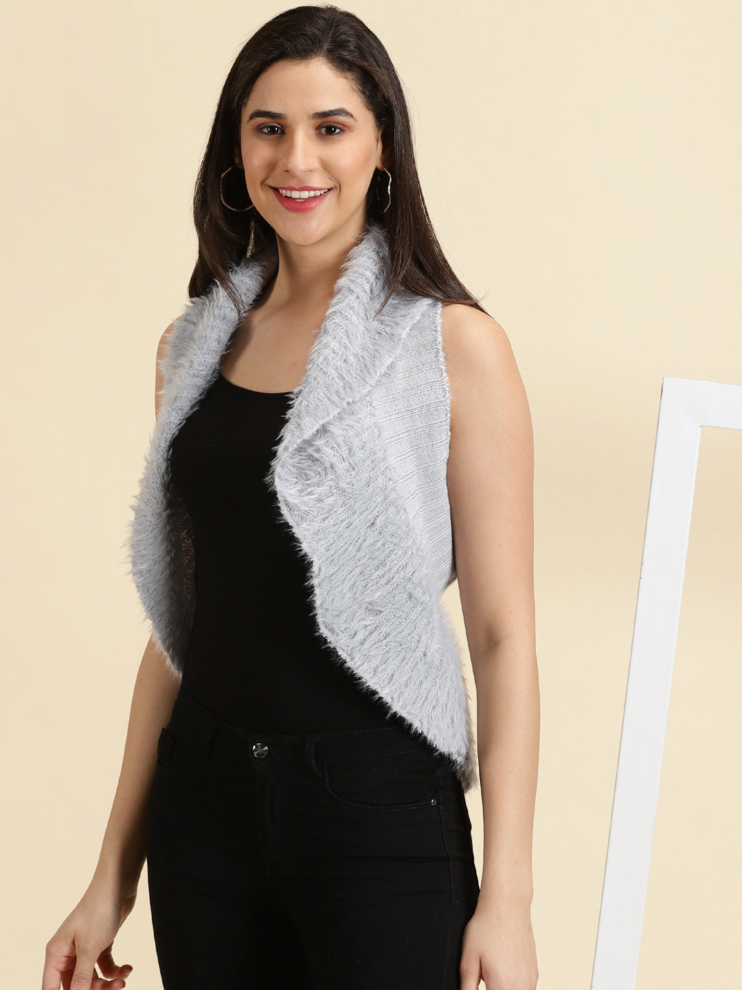 SHOWOFF Women's Regular Self Design Grey Shrug