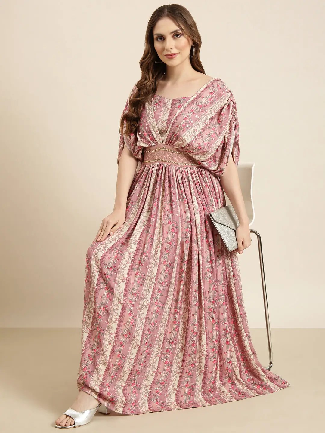 Women's Peach Flared Sleeves Floral Printed Fit and Flare Dress