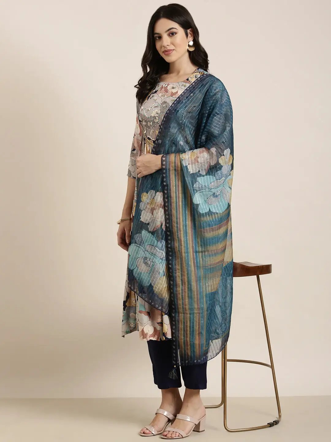 Shop Women's Straight Multi Floral Kurta Sets with Trousers & Dupatta ...