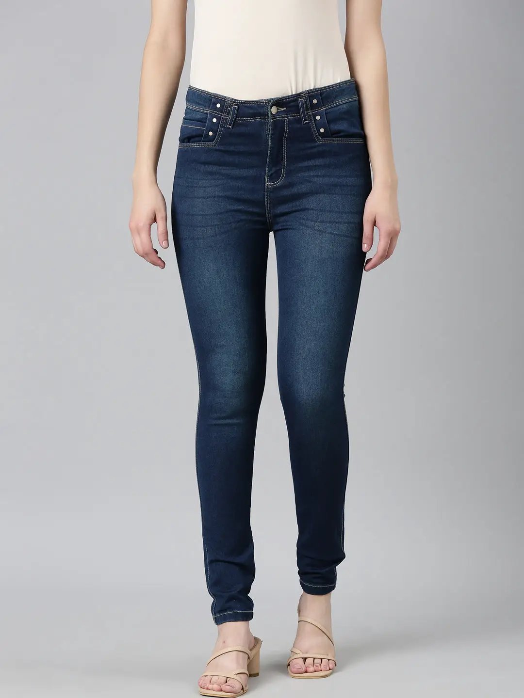 SHOWOFF Women's Mid-Rise Stretchable Cropped Navy Blue Slim Fit Jeans