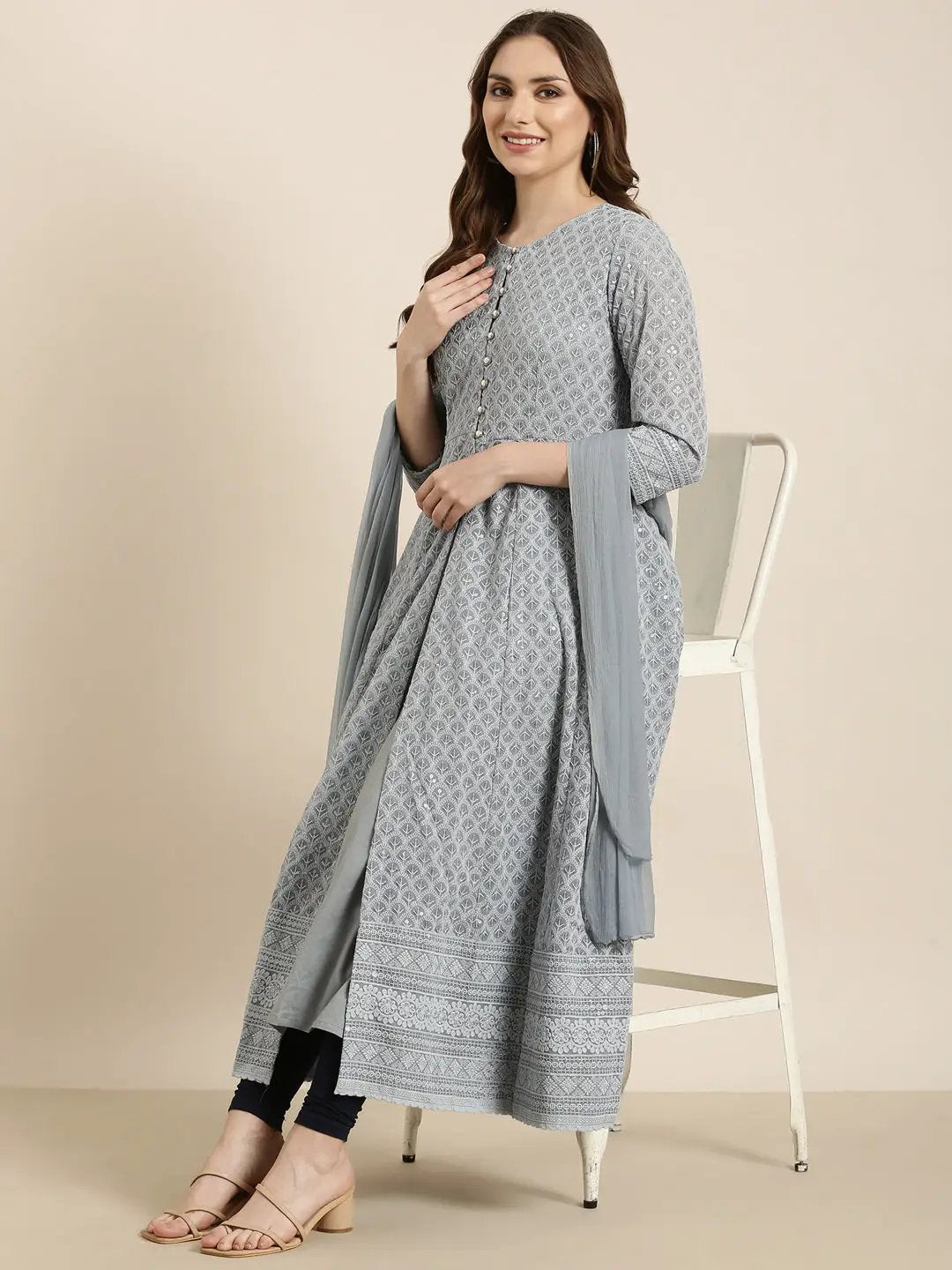 Shop Women's Anarkali Grey Embellished Kurta Sets with Dupatta ...